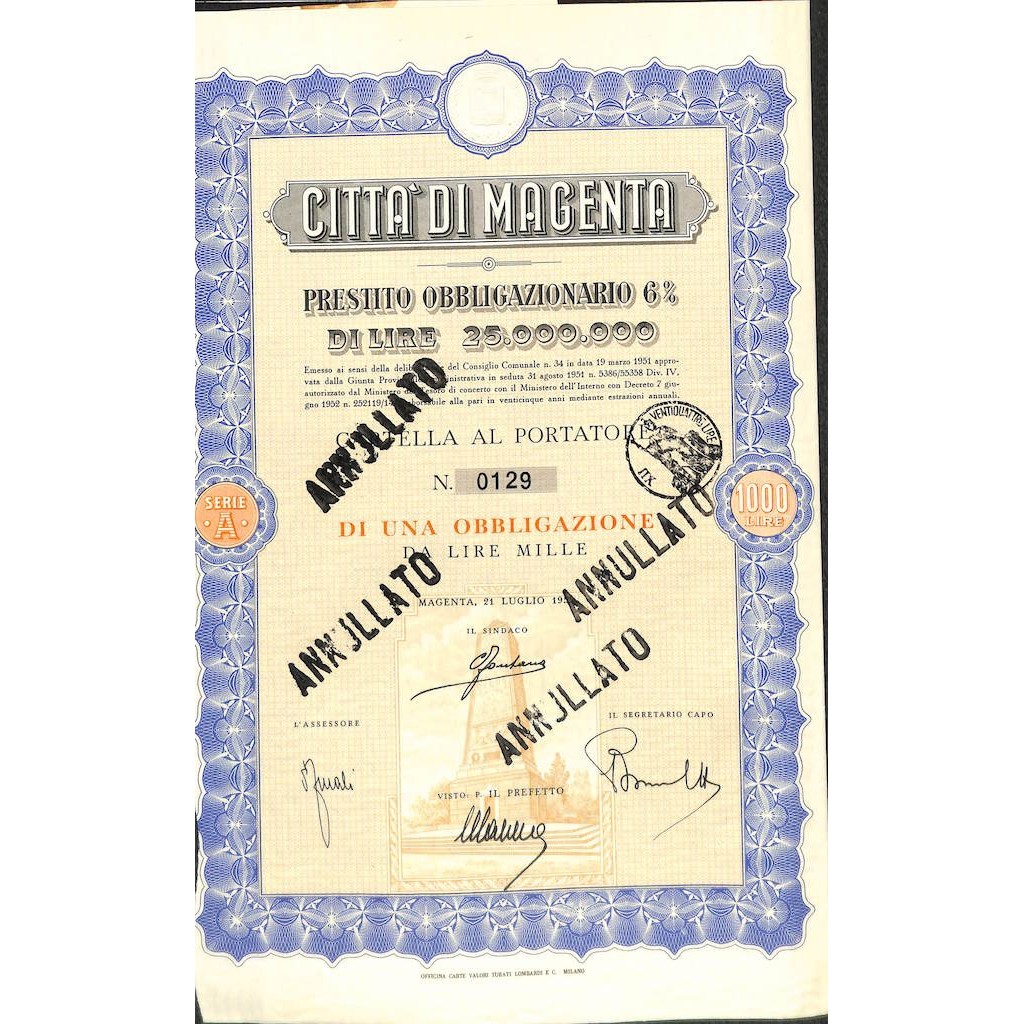CITTA' DI MAGENTA - UNA OBBLIGAZIONE 1959