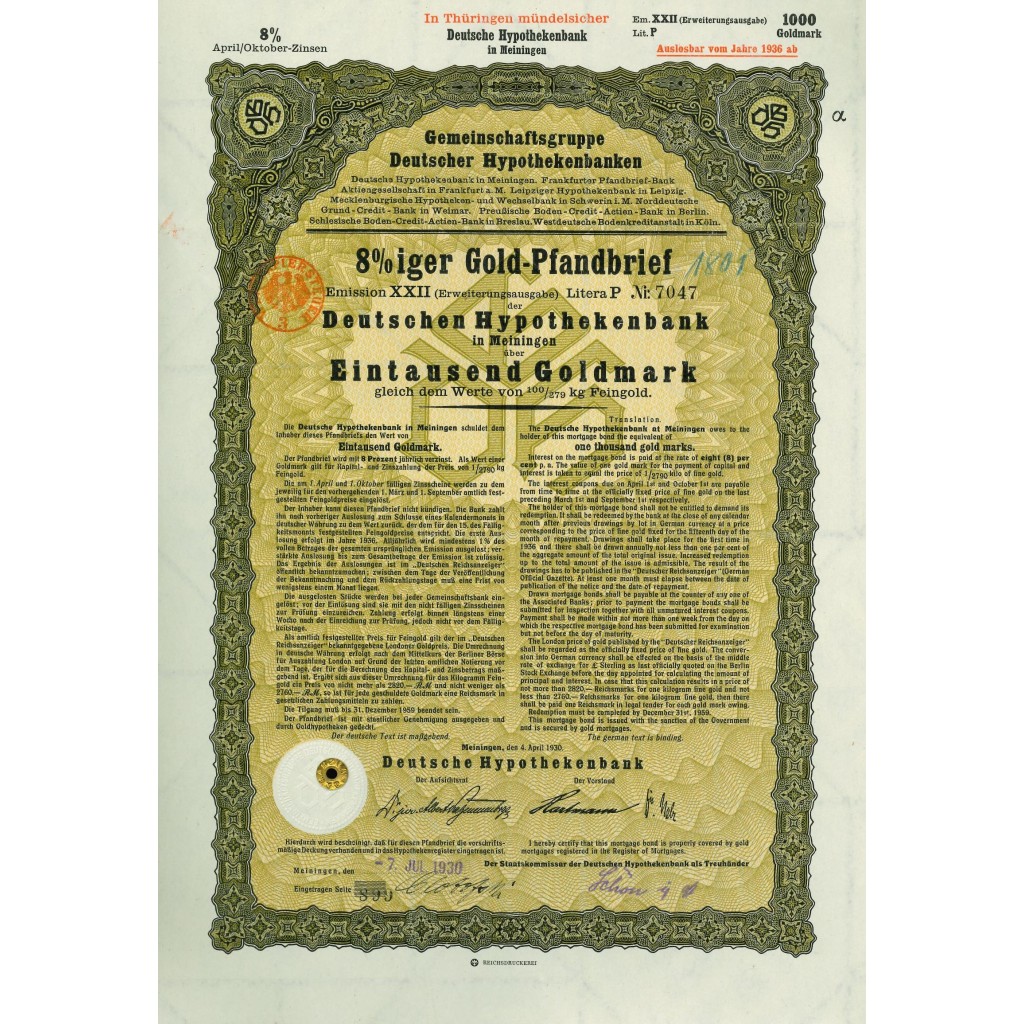 1930 - GERMAN GOLD BOND MEININGEN EM. XXII 1.000 GOLDMARK (100/279 Kg ...
