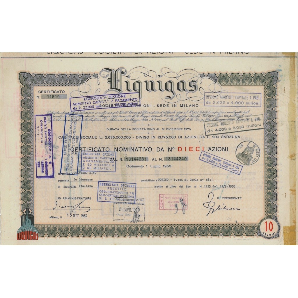 LIQUIGAS - 10 AZIONI MILANO 1953