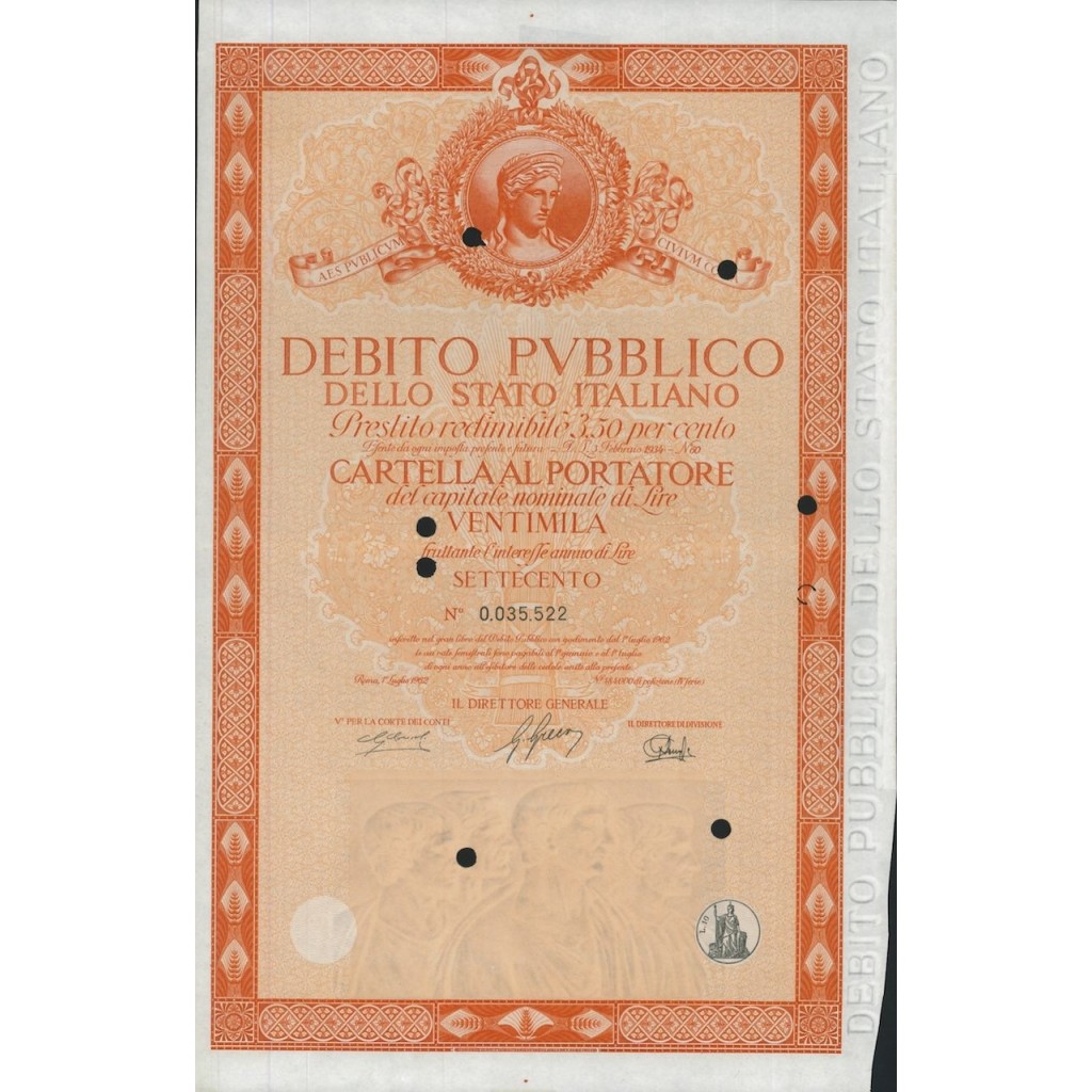 1962 - PRESTITO REDIMIBILE 3,50 - LIRE 20.000 3,50 % (arancio)
